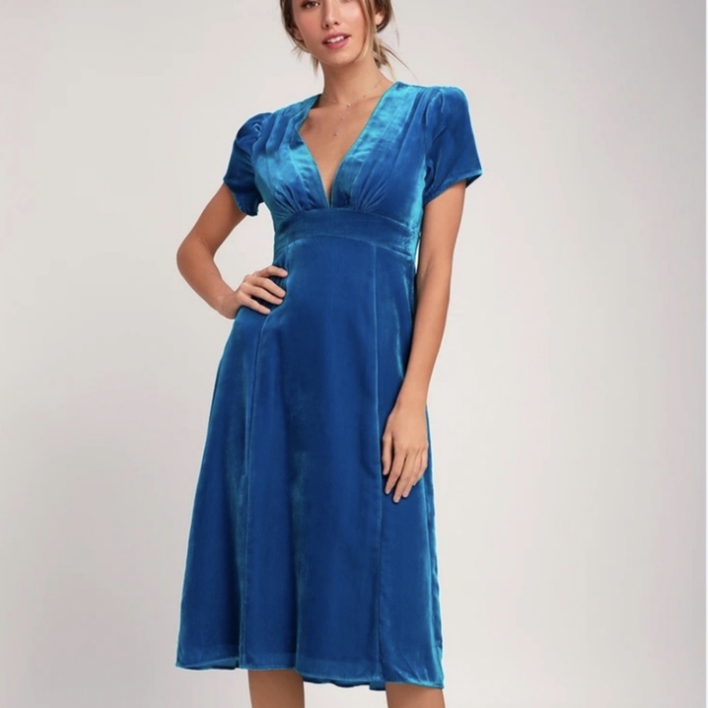 Wayf Blue Velvet “Margie” Midi Dress - Gem